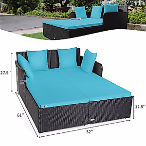 Tangkula Outdoor Rattan Daybed, Sunbed Wicker Furniture w/Spacious Seat, Upholstered Cushion & High-Resilience Sponge, Wicker Patio Sofa Set w/Extra Pillows for Courtyard Poolside(Turquoise)