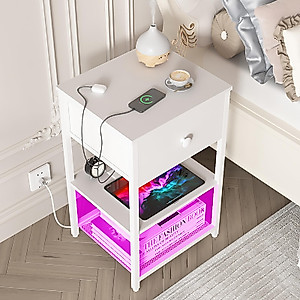 LTTDOUK LED Nightstands Set of 2 with Charging Station, Bedside Tables with USB Ports and Outlets, End Table with Fabric-Wood 2-in-1 Drawer, White Side Table for Bedroom, Living Room