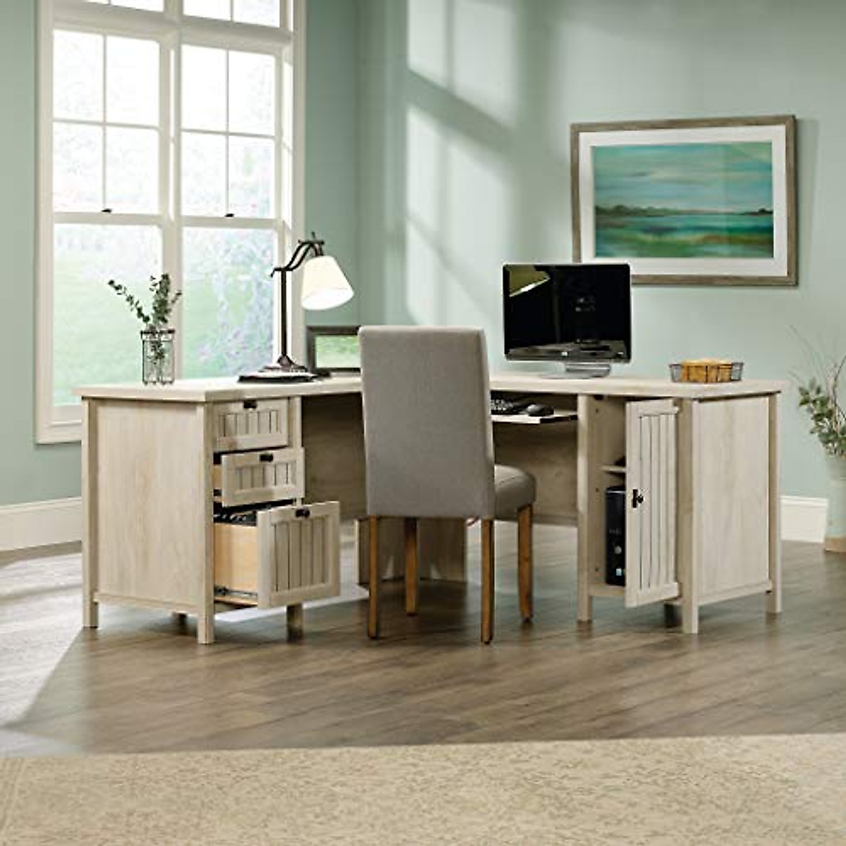 Sauder Costa L-Shaped Desk, Chalked Chestnut finish