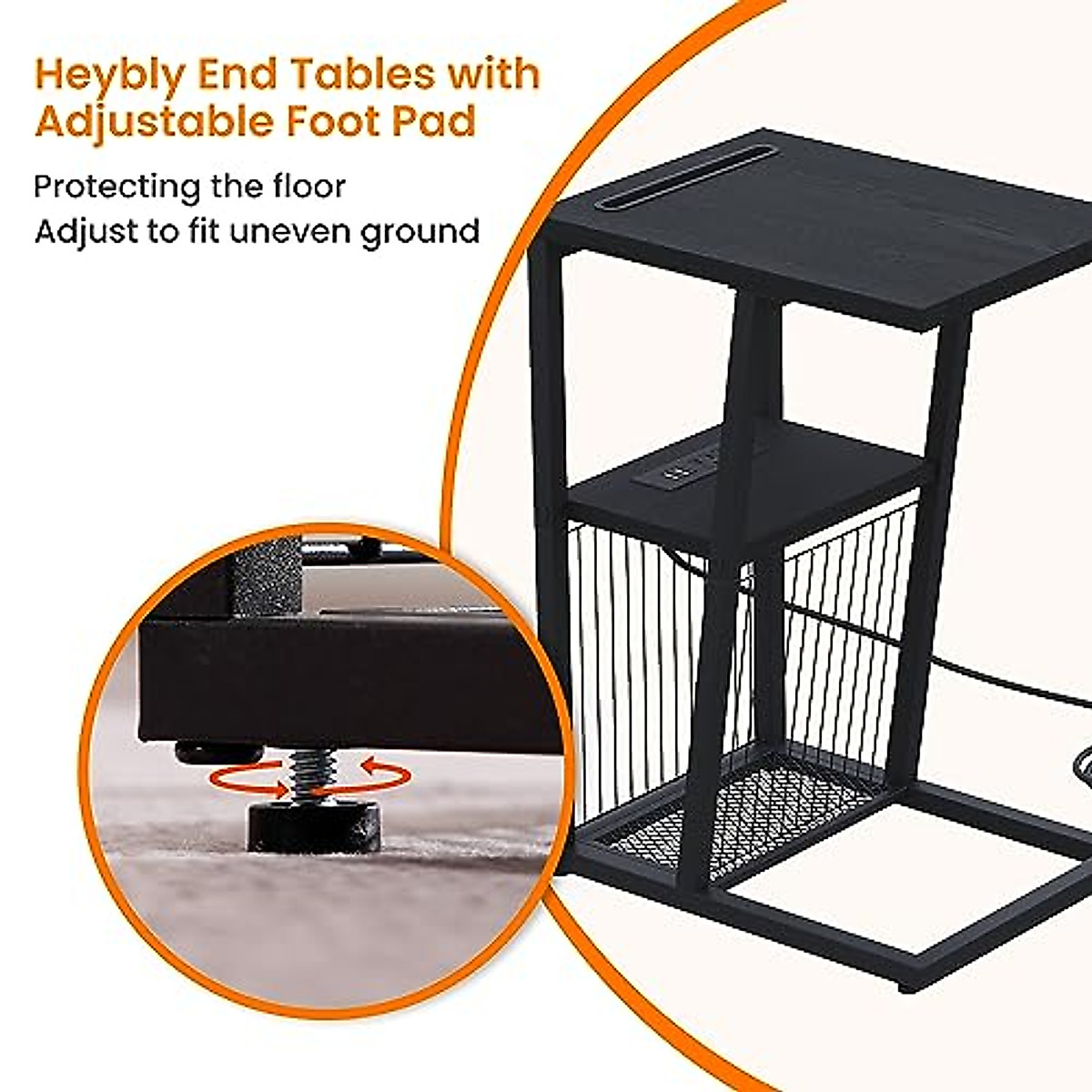 Heybly Side Table Set of 2, C Shaped Nightstand End Sofa Table with Charging Station for Small Spaces,Snack Couch Tables with Phone Holder, 2 USB Ports and Power Outlets HET001CB2