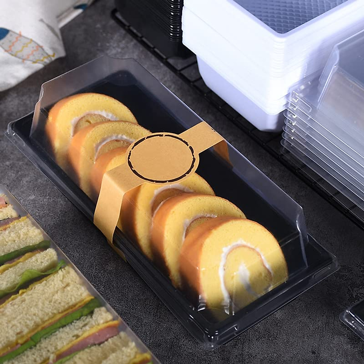 Hewnda 50 Pack Sushi Containers With Lid,Small Pastry Container, Plastic Containers for hot dogs, sandwiches, French fries, muffins (Black)