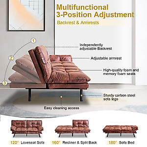 MUUEGM Futon Sofa Bed,Convertible Sofa Bed,Modern Futon Couch,Love Seat Sleeper Daybed with Adjustable Armrests,Memory Foam Futon Sets for Living Room,Offices,Dorm,Studio,Small Space/Brown