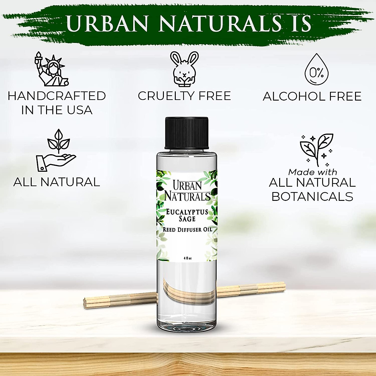 Urban Naturals Eucalyptus & Sage Oil Reed Diffuser Refill | Eucalyptus, Sage, Mint, Lime and Cedarwood| includes a Free Set of Reed Sticks! 4 oz