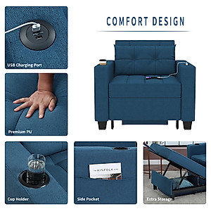 DURASPACE 39 Inch Sleeper Chair 3-in-1 Convertible Chair Bed Pull Out Sleeper Chair Beds Adjustable Single Armchair Sofa Bed with USB Ports, Side Pocket, Cup Holder (Navy Blue Linen)