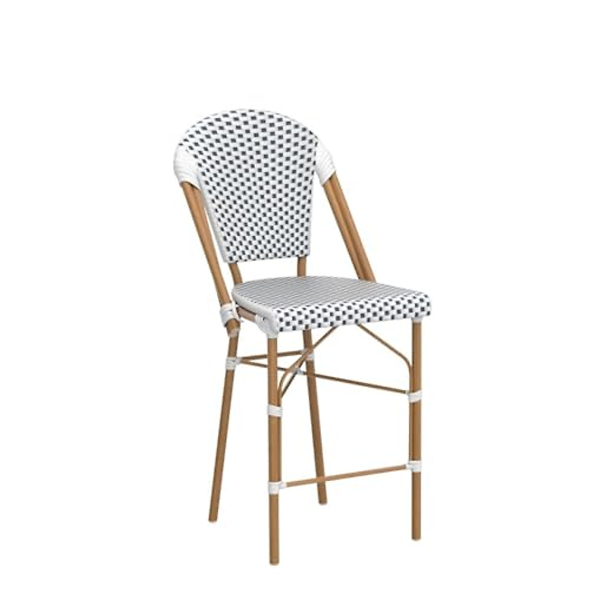 Flash Furniture Lourdes Commercial Grade Bistro Counter Height Stool, Stackable Indoor/Outdoor Dining Stool, 26" High, White/Navy and Bamboo Finish, Set of 2