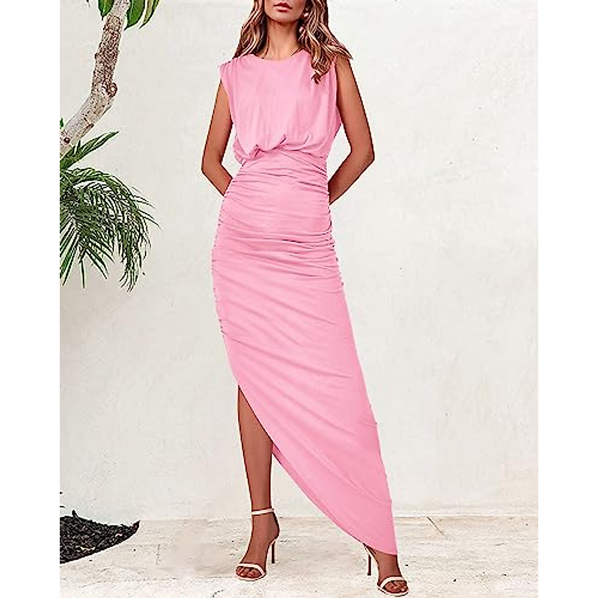 BTFBM Women Sleeveless Ruched Bodycon Dress 2023 Summer High Waist Asymmetrical Slit Formal Party Cocktail Maxi Dresses(Solid Pink, Small)