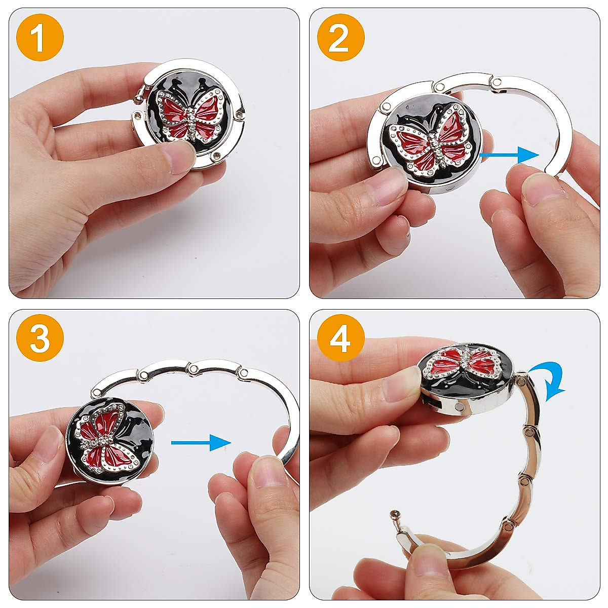 WIWAPLEX Folding Table Purse Hook Set of 4 - Metal Foldable Handbag Hanger Womens Bag Storage Hanging for Office Restaurant Desk (Butterfly)