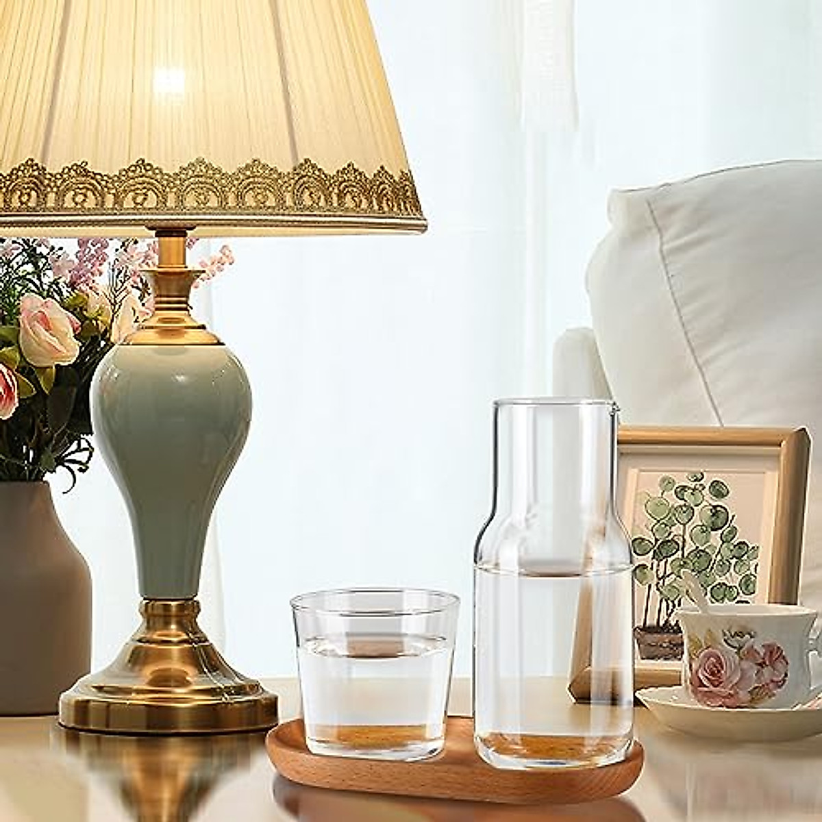 Bedside Water Carafe and Glass Set, 550ml Clear Glass Juice Water Pitcher, Night Water Carafe with Cup Set for Bedroom Nightstand, Wooden Pallet Included