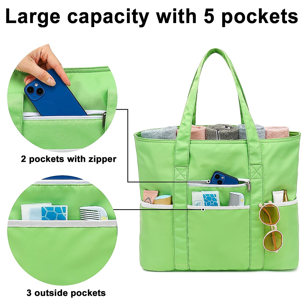 LEDAOU Large Beach Tote Bag Women Beach Bag Waterproof Sandproof Pool Bag with Zipper Travel Gym Tote Bag (Green)