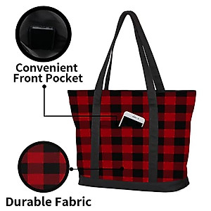 Red Buffalo Plaid Canvas Totes Shoulder Bag for Women Girls, Checkered Pattern Handbag with External Pockets Daily Essentials Large Top Zipper Cloth Bag