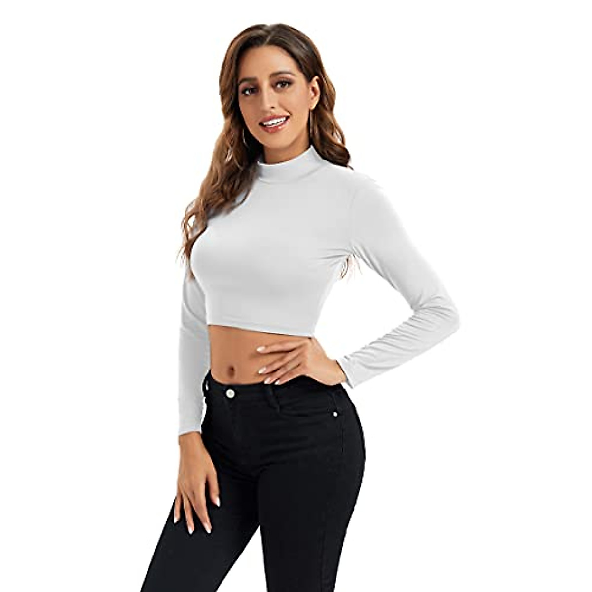 HoneyEcho Cropped Long Sleeve Tops for Women Turtleneck Long Sleeve Undershirts for Women Half Tees for Workout White X-Large