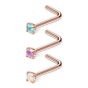 Ruifan 3PCS 20G Rose Gold Plated 316L Surgical Steel 2mm Mix Color Opal Nose Rings Studs L-Shape Body Piercing Jewelry