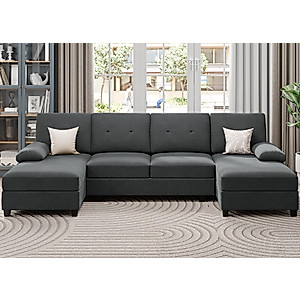 JAMFLY Sectional Sofa Couches for Living Room, Living Room Furniture Sets Clearance, 4 Seat U Shaped Sofa Sectional Couch with Chaise, Black Grey