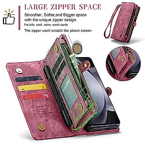 phone flip case Wallet Case Compatible with Samsung Galaxy Z Fold 5,2 in 1 Detachable Premium Leather Magnetic Zipper Pouch Wristlet Flip Phone Case,Matte Soft Leather+TPU Bottom Shell Case W Card Hol