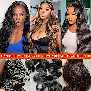 Body Wave Bundles with Closure Human Hair Weave 3 Bundles Human Hair with 4x4 Free Part Lace Closure Human Hair 100% Unprocessed Brazilian Bundles Human Hair Extensions Natural Black