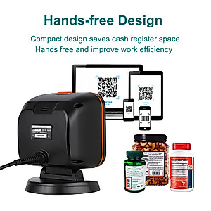 1D 2D Desktop Barcode Scanner, OBZ Omnidirectional Automatic Sensing Scanning Hands Free USB Desktop Barcode Scanner, Wired Screen Bar Code Reader Scanner for POS PC, Store, Supermarket, Warehouse