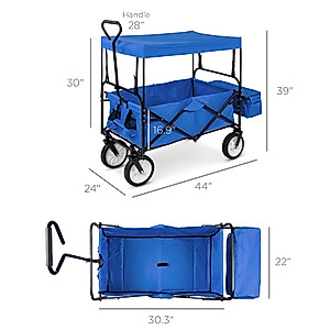 Best Choice Products Collapsible Folding Outdoor Utility Wagon with Canopy Garden Cart for Beach, Picnic, Camping, Tailgates w/Removable Canopy, Detachable Pockets, 150lb Weight Capacity - Blue
