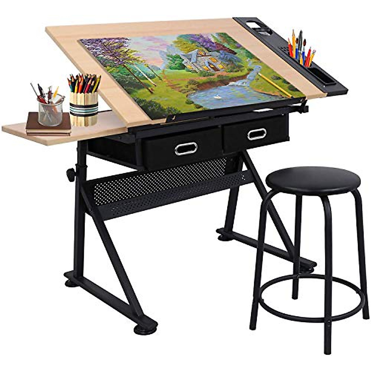 Smartxchoices Drafting Table Drawing Desk Reclining Tiltable Tabletop Bundle Set with Stool and 2 Storage Drawers Art Writing Reading Workstation for Office and Home