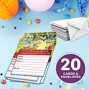 Set of 20 Snow White -Themed Happy Birthday Invitation Cards & Envelopes - Lightweight (240g), Postcard Style Invites for the Perfect Party Pack
