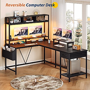 UPOSOJA L Shaped Gaming Desk with Shelves, Reversible 66.9" Corner Computer Desk with Power Outlet and Led Strip, Home Office Desks with Drawer Mobile Monitor Stand Storage Bag(Black)
