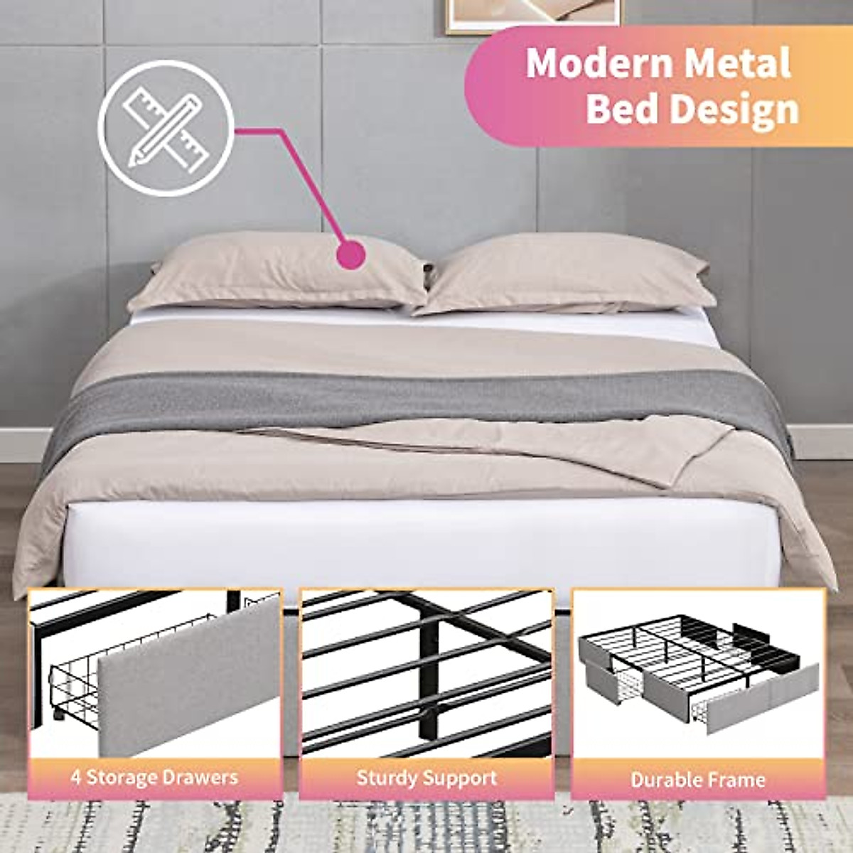 Mixoy Platform Bed Frame with 4 Large Storage Drawers, Metal Slats Support, No Box Spring Needed, Easy Assembly (Cal King, Light Grey)