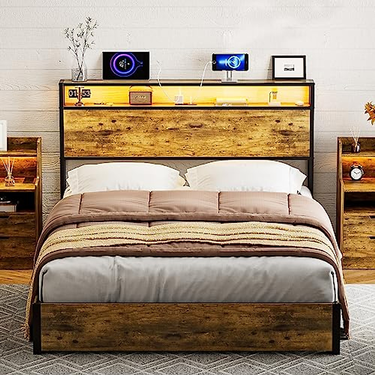IKIFLY Queen Size Storage Headboard with LED Lights & Charging Station - Industrial Metal and Wood Queen Headboard Only for Bedroom, Attach Frame, Easy Assembly - Rustic Brown
