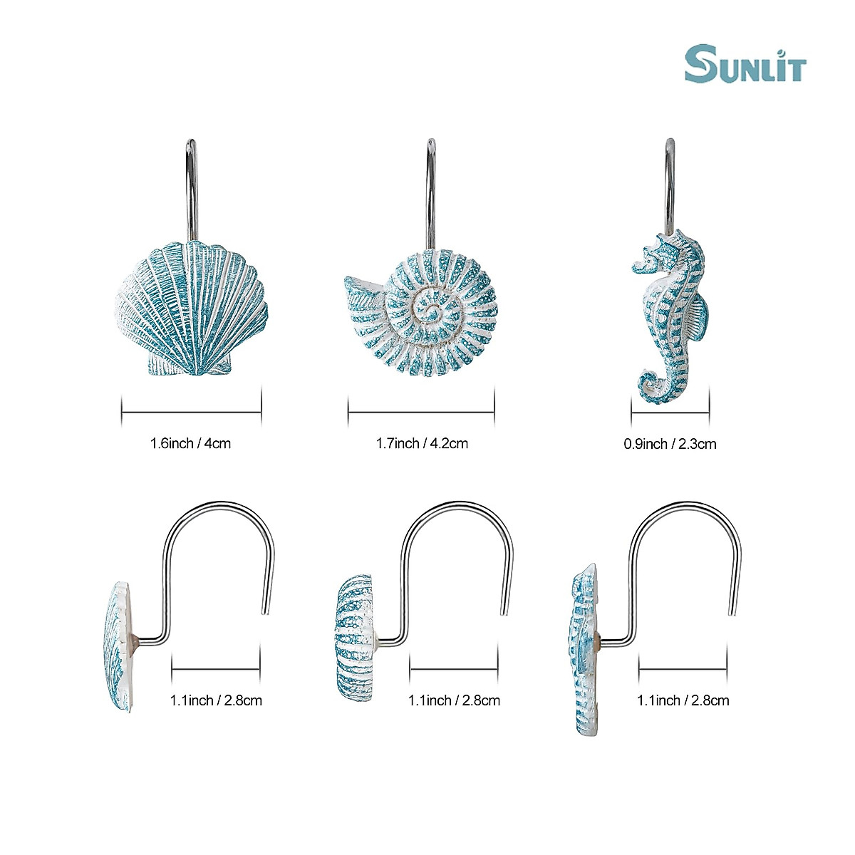Sunlit 12-Piece Aqua Blue Resin Shower Curtain Hooks, Ocean Creatures Coastal Design, Nautical Bathroom Decoration