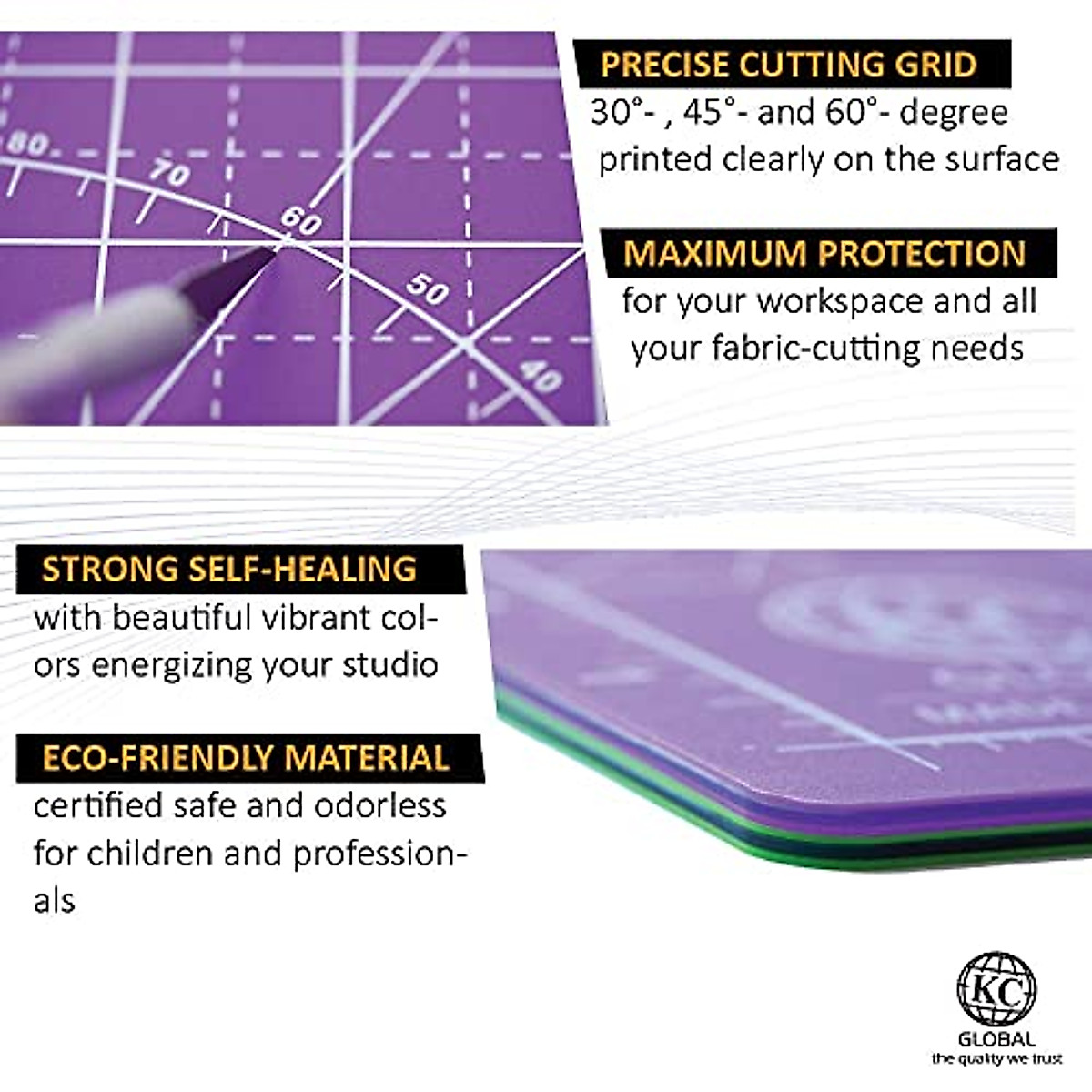 KC GLOBAL A2 (25"x19") Professional Grade Self-Healing Cutting Mat (Purple) - Odor-Free, Double-Sided, eco-Friendly, Durable. Premium Desk mat for Crafting, Sewing, Quilting and Art Projects