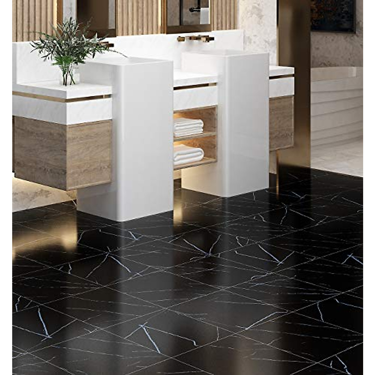 Livelynine Peel and Stick Floor Tile 12X12 Inch 16 Pack Marble Black Vinyl Flooring Peel and Stick Flooring Tiles For Kitchen Bedroom Bathroom Farmhouse Renter Floor Stickers Peel and Stick Tile Floor