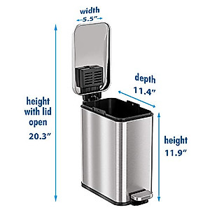 iTouchless SoftStep 1.3 Gallon Small Slim Bathroom Step Trash Can with Removable Inner Bucket & AbsorbX Odor Filter, Stainless Steel, 5 Liter Garbage Bin, Bathroom, Bedroom, Business Office Cubicle