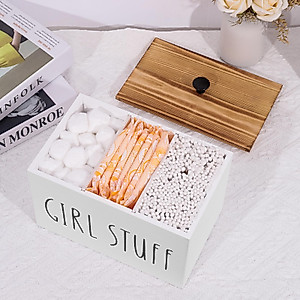Tampon Holder for Bathroom, Farmhouse Pad Orgainzier Container, Rustic Wood Bathroom Storage Bin with Lid, Movable Partition Feminine Product Organizer, Tampon Storage Container (White &Wood Lid)