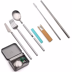 Outlery | Collapsible, Reusable Straw for Travel and Day Trips Stainless Steel Metal Straw with a Telescopic Portable Design BUNDLE WITH Outlery | Camping Utensils Foldable Travel Cutlery (Raw Silver)