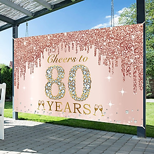 Large Cheers to 80 Years Birthday Decorations for Women, Pink Rose Gold Happy 80th Birthday Banner Backdrop Party Supplies, Eighty Birthday Poster Background Sign Decor