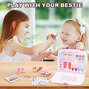 Makeup Kit for Girls, 17 Pcs Real Washable Pretend Play Cosmetic Set Toys with Lip Gloss Nail Polish Nail Stickers, Birthday Gifts for 3 4 5 6 7 8 9 10 Years Old Girls