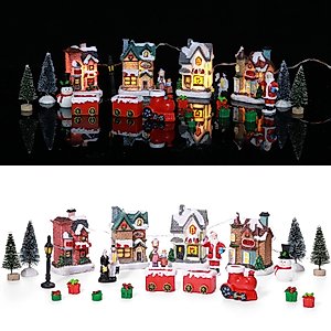 Yerliker Christmas Village Set LED Lights Houses with Figurines Battery Operated TZ0346