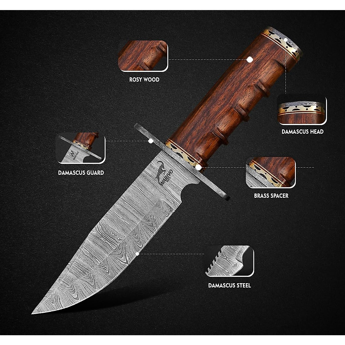 Handmade Damascus Steel Hunting Knife - 11" EDC Fixed Blade Knife Ideal for Skinning, Camping, and Outdoor, Bushcraft, Tactical, Skinning Knife With Wood Handle & Leather Sheath