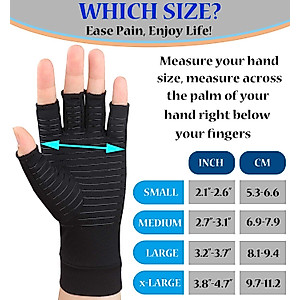 2 Pairs Copper Arthritis Gloves - Compression Gloves for Arthritis Pain Relief Rheumatoid Osteoarthritis Carpal Tunnel, Fingerless Copper Gloves for Typing, Daily Work - for Women Men Black (Large)
