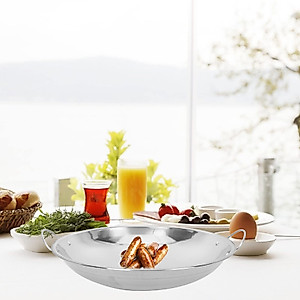 YARDWE Spanish Paella Pan Stainless Steel Everyday Pan with Double Ear Metal Frying Pan Korean Food Ramen Noodle Pot Non Stick Skillet Kitchen Stockpot Peking Wok Kitchen Gadgets 26. 5cm Wok Pan