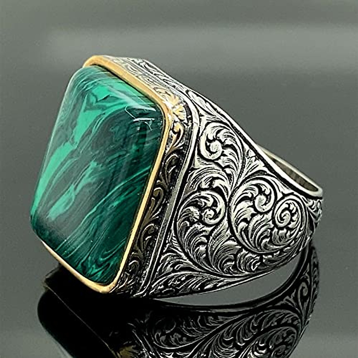Malachite Gemstone Ring, Men Handmade Ring, Turkısh Handmade Ring, Embroidered Ring, Ottoman Jewelry