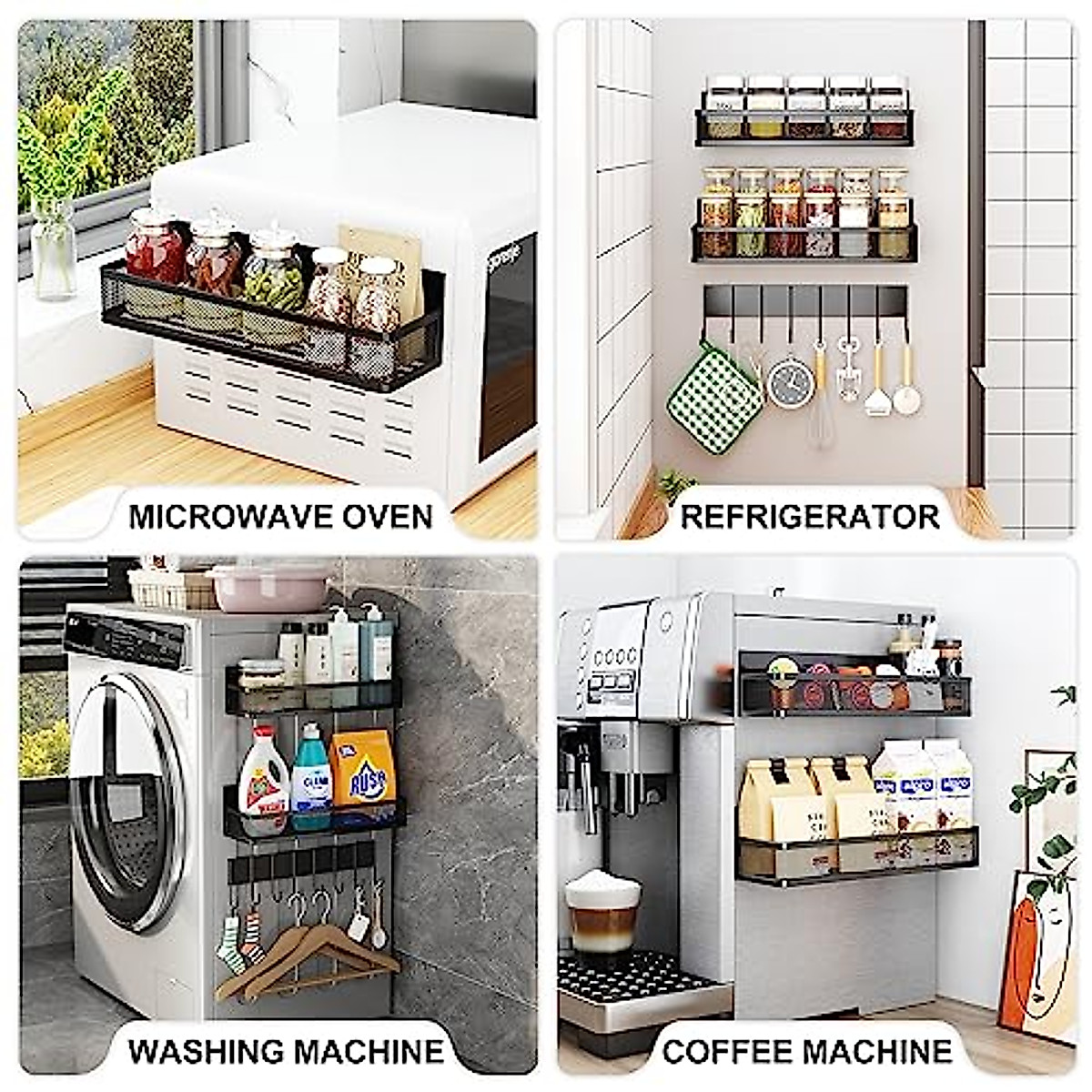 Aufworld Magnetic Spice Rack for Refrigerator, 3 Pack Magnetic Shelf, Moveable Magnetic Fridge Organizer with 8-Hook Rack, Seasoning Organizer for Kitchen Organization and Storage (3 Pack)