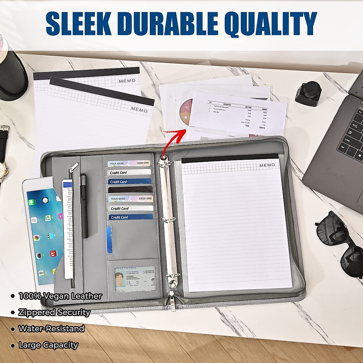 Sbrinnaliao 3-Ring Padfolio Portfolio Binder Organizer,PU Leather Folder Binder Business Planner Notebook Zippered Portfolio for Women/Men with Document Sleeve,Letter/A4 Size Clipboard