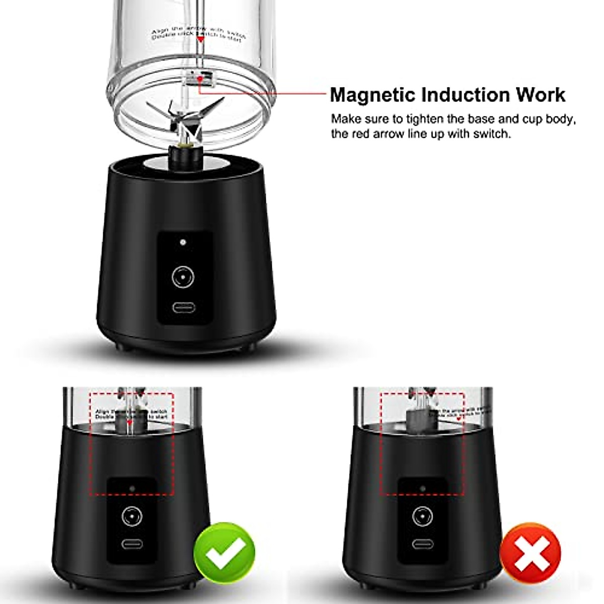 Portable Blender, YKSINX Personal Mini Blender for Smoothies and Shakes USB Rechargeable Juicer Cup Travel Handheld Fresh Juice Blender (Black)