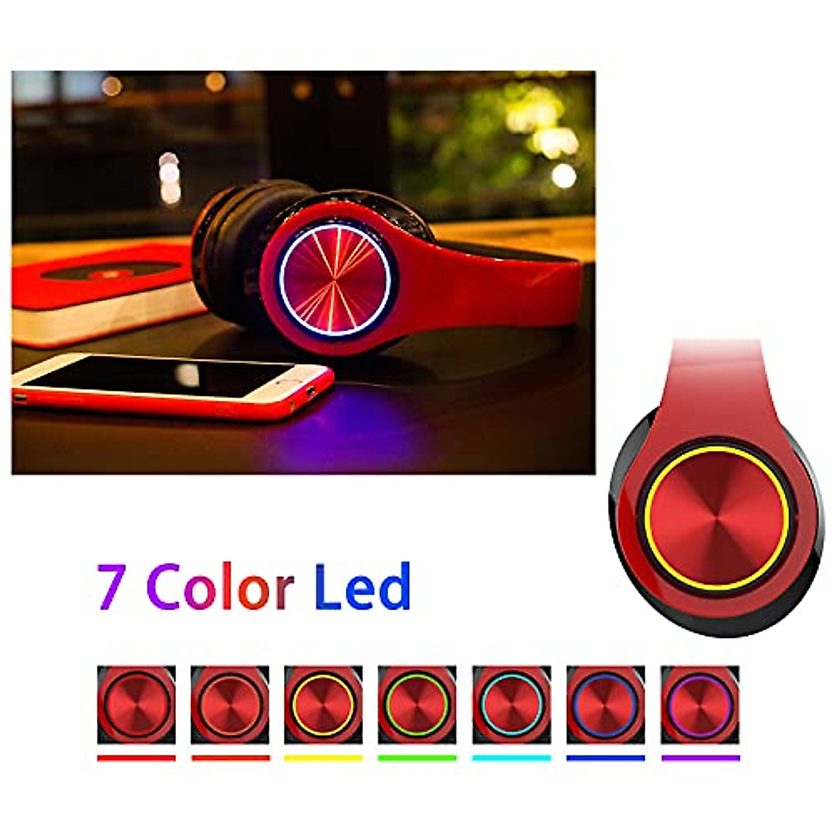 TPSKY Bluetooth Headphones Over Ear Headphones with Deep Bass LED Foldable Stereo Headphones for Smart Phone/TV/PC (Red/Black)