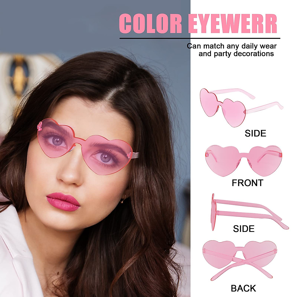 LEFIMOT 12 Pairs Heart Sunglasses Heart Shaped Rimless Sunglasses Frameless Pink Heart Glasses Transparent Party Sunglasses for Women Party Favors