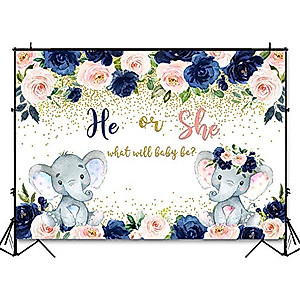 Avezano Navy and Blush Elephant Gender Reveal Backdrop He or She Navy Blue Blush Pink Floral Elephant Gender Reveal Photography Background Pregnancy Reveal Surprise Boy or Girl Party Decoration(7x5ft)