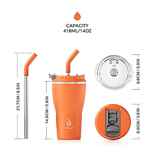 Ideus 14oz Stainless Steel Leak Proof Tumbler, Insulated Coffee Mug with Lid and Straw, Spill Proof Travel Coffee Cup, Double Wall Vacuum Flask for Adult Men and Women, Orange Tiger