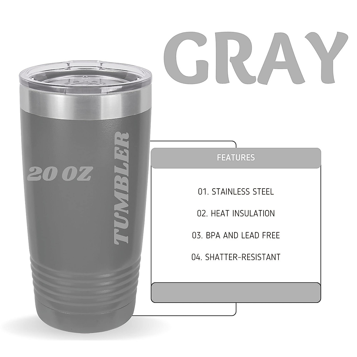 OEZZO Customized Tumblers, Double Wall Personalized Bottles with Splash and Leak Proof Upgraded Slider Lid, Laser Engraved Text on One or Two Sides (20oz, Gray)