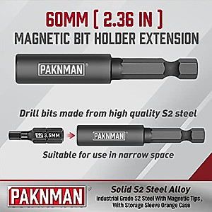 PAKNMAN 25-Piece Hex Head Allen Wrench Drill Bit Set, 1/4”Magnetic Extension, Metric and SAE S2 Steel Hex Bits Set, 1" Long
