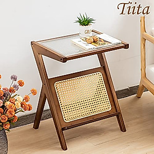 Tiita Rattan Nightstand Side Table, Bamboo Accent Bedside Tables, Glass Coffee Tables, Boho Wooden End Table with Storage for Small Space, Living Room and Bedroom
