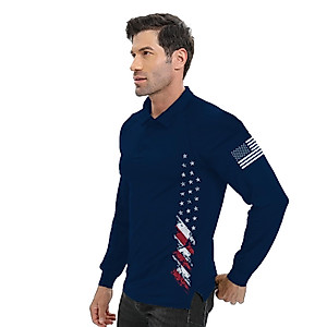 H HYFOL Long Sleeve Polo Shirts for Men Graphic Stretch Casual American Patriotic Raglan Golf Polos for Men(Navy Blue,XL)